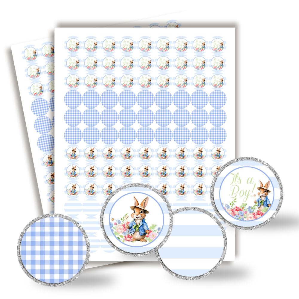 Little Rabbit Boy Baby Shower Kiss Sticker Labels, 300 Party Circle Stickers Sized 0.75 inches for Chocolate Drop Kisses by Amanda Creation, Great Labels, Treats, Envelope Seals & Goodie Bags