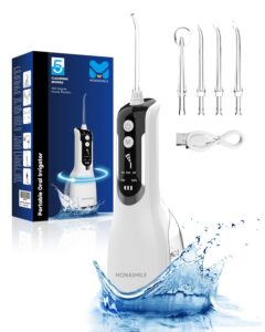 monasmile 350ml water dental flosser cordless, 5 modes, 4 nozzles, ipx7 waterproof, battery indicator, rechargeable portable oral irrigator for teeth deep cleaning, home travel use (white)