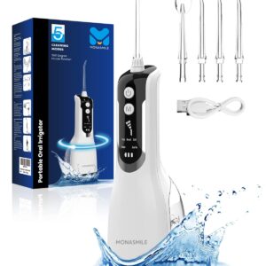 Monasmile 350ML Water Dental Flosser Cordless, 5 Modes, 4 Nozzles, IPX7 Waterproof, Battery Indicator, Rechargeable Portable Oral Irrigator for Teeth Deep Cleaning, Home Travel Use (White)