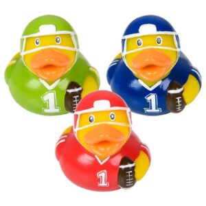 football player rubber duckies (2") assorted colors (red, green, blue) players in helmets holding a ball. #1 (12 pack)