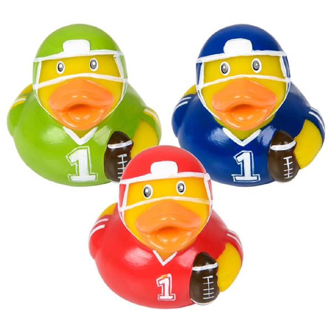 Football Player Rubber Duckies (2") Assorted Colors (Red, Green, Blue) Players in Helmets Holding a Ball. #1 (12 Pack)