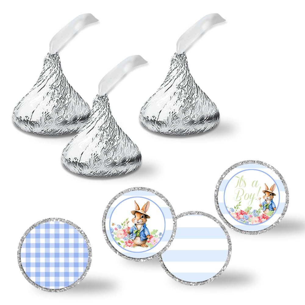 Little Rabbit Boy Baby Shower Kiss Sticker Labels, 300 Party Circle Stickers Sized 0.75 inches for Chocolate Drop Kisses by Amanda Creation, Great Labels, Treats, Envelope Seals & Goodie Bags