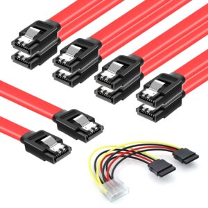 sata cables iii, ssd data cable 6.0 gbps and sata power splitter cable 4 pin to dual 15 pin hard drive connection cables compatible with sata connectors, hdd, ssd, cd driver, cd writer, 6 pack (red)