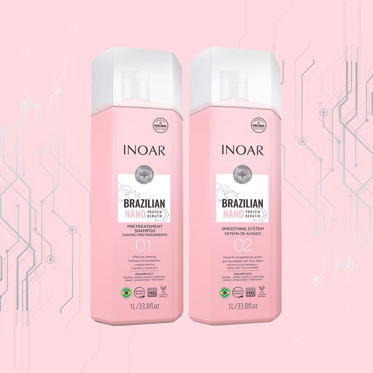 INOAR - Nano Keratin Deep Cleansing Shampoo (Step 1) & Volume Reducer (Step 2), Chemically Treated Hair, AntiFrizz, Coconut, Vegan Hair Product, Cruelty Free Haircare for Men and Women (1 Liter Duo)