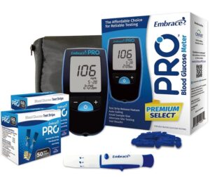 embrace pro diabetes testing kit - embrace pro blood glucose meter, 100 blood test strips, 1 lancing device, 30 gauge lancets-100 count and carrying case…