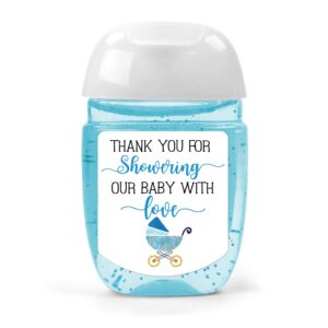 hand sanitizer labels thank you for showering our little one with love stickers, baby shower favor party favors boy., blue,1.26inches x 1.39inches