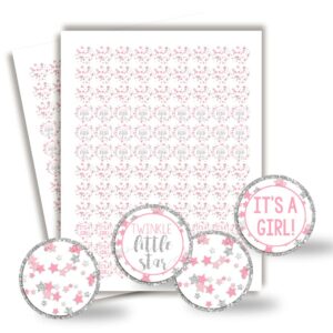 pink & silver twinkle little star girl baby sprinkle baby shower kiss sticker labels, 300 0.75" circle stickers for chocolate kisses by amanda creation, great for favors, treats, envelopes & bags