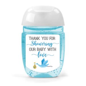 hand sanitizer labels thank you for showering our little one with love stickers, baby shower favor party favors boy., blue,1.26inches x 1.39inches