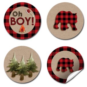 Oh Boy! Outdoorsy Red and Black Plaid Lumberjack Boy Baby Shower Kiss Sticker Labels, 300 0.75” Circle Sticker for Chocolate Kisses by Amanda Creation, Great for Favors, Treats, Envelopes & Goodie Bag