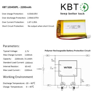 KBT 3.7V 2200mAh Li-Polymer Battery: 103450 Lipo Rechargeable Lithium-ion Replacement Batteries with JST Connector