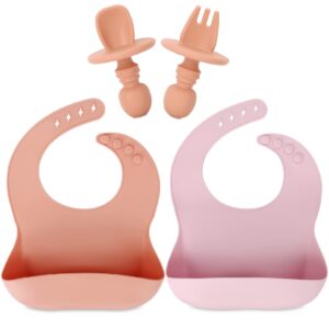 aulege silicone baby bibs set of 2, spoon fork, bpa free soft durable adjustable waterproof silicone feeding bibs for babies and toddlers 6+month (muted/peach)