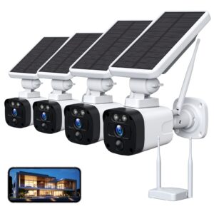 wireless solar security camera system, solar home security camera system(include 4 outdoor cameras & base station) pir motion detect, 2k night vision,2-way audio,ip66 waterproof,cloud/sd