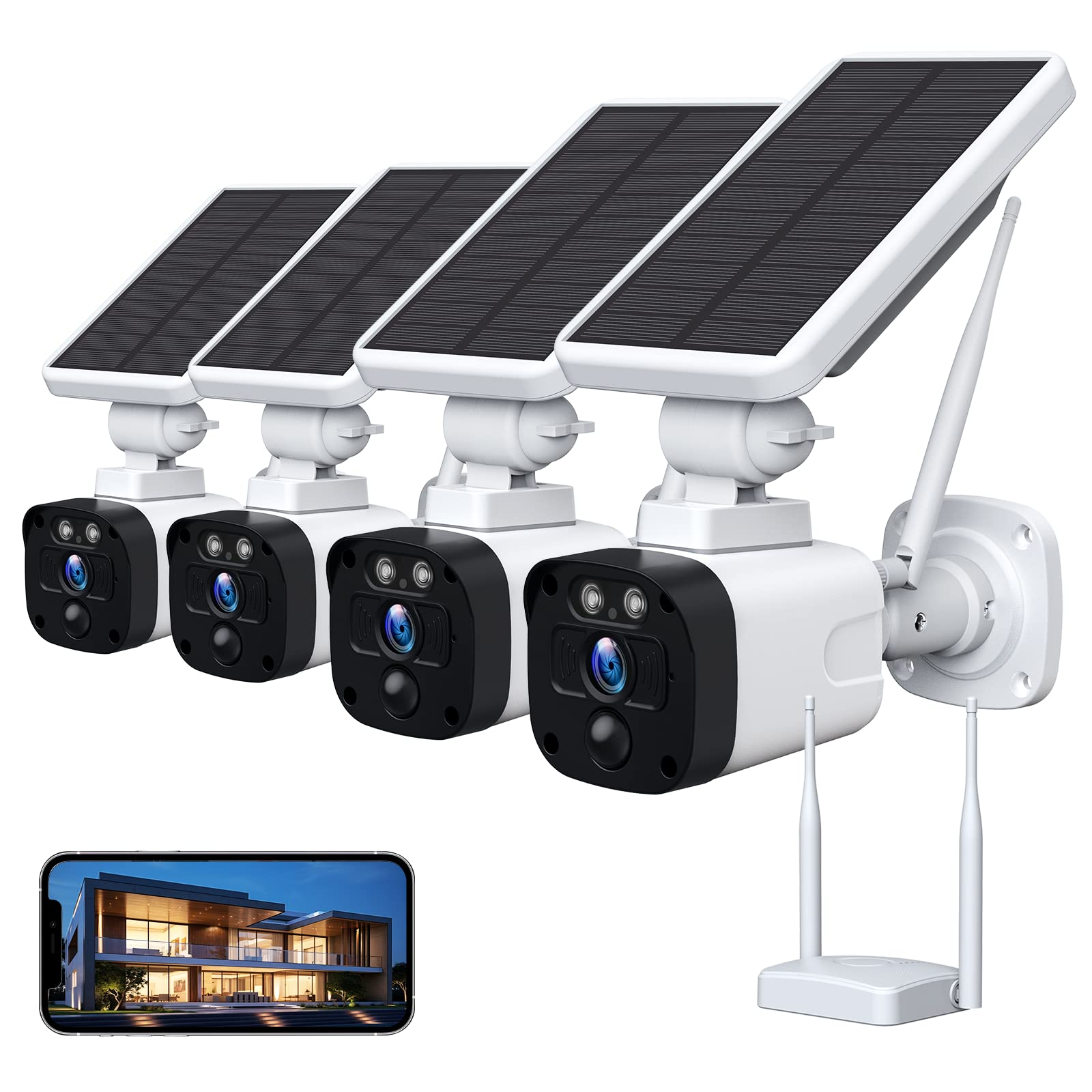 Wireless Solar Security Camera System, Solar Home Security Camera System(Include 4 Outdoor Cameras & Base Station) PIR Motion Detect, 2K Night Vision,2-Way Audio,IP66 Waterproof,Cloud/SD