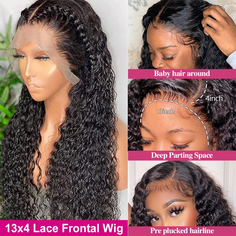 28 Inch Lace Front Wig Human Hair 13x4 Curly Wigs for Women Pre Plucked with Natural Baby Hair 180 Density Brazilian Virgin Deep Wave Frontal Wet and Wavy Wig Natural Color (28inch,Natural Black)