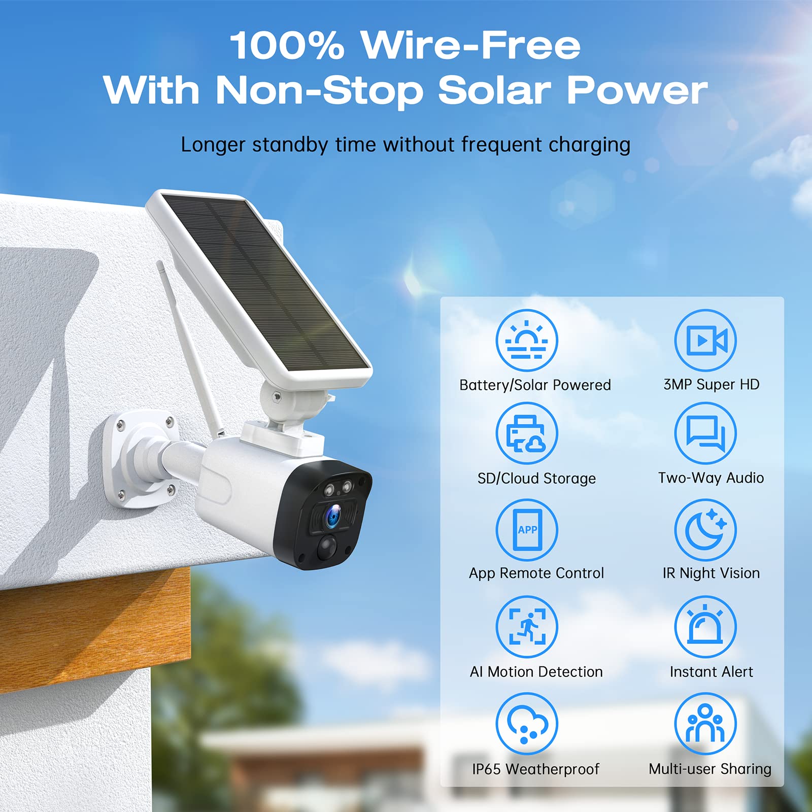 Wireless Solar Security Camera System, Solar Home Security Camera System(Include 4 Outdoor Cameras & Base Station) PIR Motion Detect, 2K Night Vision,2-Way Audio,IP66 Waterproof,Cloud/SD