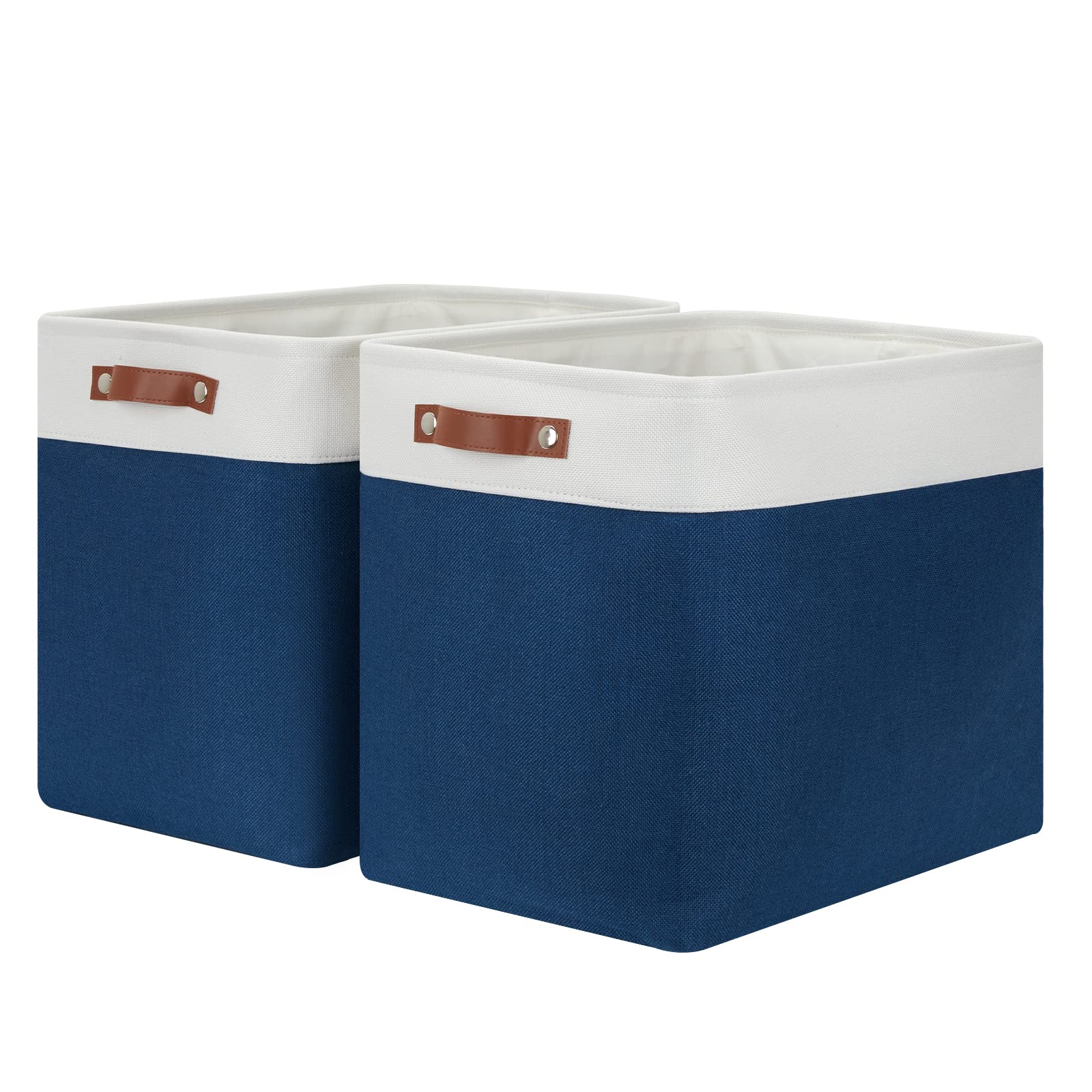 HNZIGE Storage Baskets for Organizing, Set of 2, Foldable Storage Bins Navy Blue Tall Baskets for Shelves, Canvas Collapsible Storage Bins with Handles for Storage Closet Linen(White Blue)