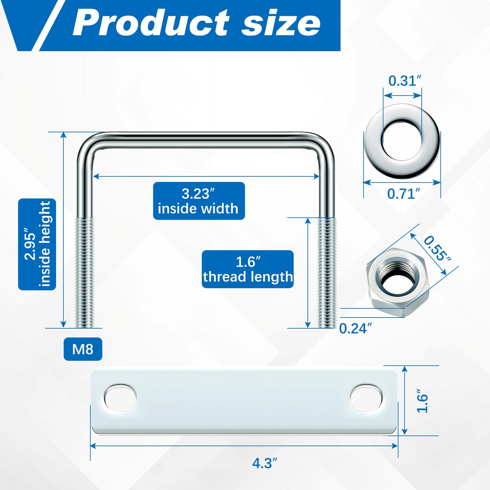 Hotop 8 Set Square U Bolts Carbon Steel with Nuts, Frame Plate, Round Washers for Sailboat Trailers, Tube, Industrial Supplies (82 x 75 mm)