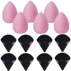 wsyub 14pcs powder puff &makeup blending sponge, professional beauty makeup set- 6pcs pink makeup blender tear-drop shape, 6pcs black triangle velvet powder puff with 2pcs mini pure cotton makeup pad