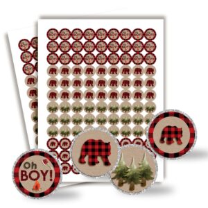 oh boy! outdoorsy red and black plaid lumberjack boy baby shower kiss sticker labels, 300 0.75” circle sticker for chocolate kisses by amanda creation, great for favors, treats, envelopes & goodie bag