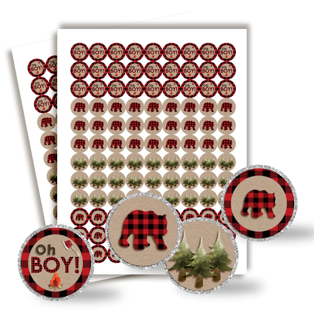 Oh Boy! Outdoorsy Red and Black Plaid Lumberjack Boy Baby Shower Kiss Sticker Labels, 300 0.75” Circle Sticker for Chocolate Kisses by Amanda Creation, Great for Favors, Treats, Envelopes & Goodie Bag