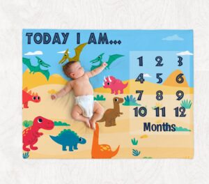 doggerz personalized dinosaur baby blankets, custom baby milestone blanket with name for boy, monthly milestone blanket, personalized, newborn gifts