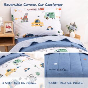 WONGS BEDDING Cars Toddler Bedding Set, 4 Pieces Cotton Toddler Comforter Set for Boys Girls, Cars Bus Reversible Navy Blue Comforter(1 Comforter,1 Flat Sheet,1 Fitted Sheet,1 Pillow Case)