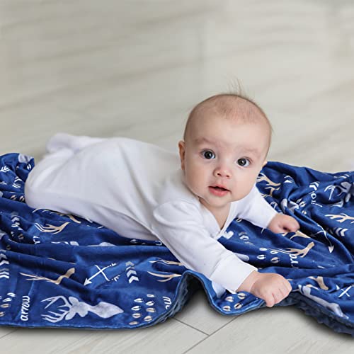 GFU Baby Blanket for Boys and Girls, Soft Minky Infant Receiving Blanket with Dotted Backing Double Layer, Newborn Toddler Bed Blanket with Antler Arrow Printed, Navy Blue, 30 x 40 Inch