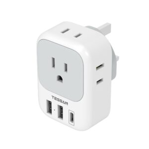 us to uk plug adapter, tessan type g travel converter with 3 usb charger(1 usb c port), 4 outlets power adaptor for usa to qatar ireland hong kong england scotland kenya dubai london british