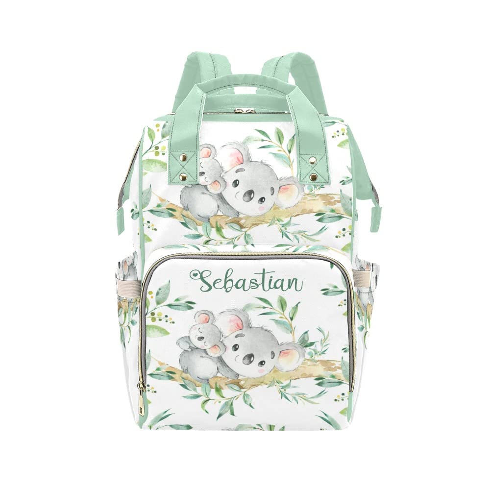 SunFancy Koala Leaves Personalized Diaper Backpack Custom Mommy Bag Unisex Travel Daypack for Mom Dad Boy Girl