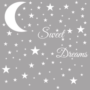 Stars and Moon Wall Decal with Sweet Dreams Quotes Wall Stickers Star Decals for Walls Nursery Wall Decal, White Vinyl Wall Moon Stars Removable Peel and Stick Wallpaper for Kids Girls Boys Bedroom