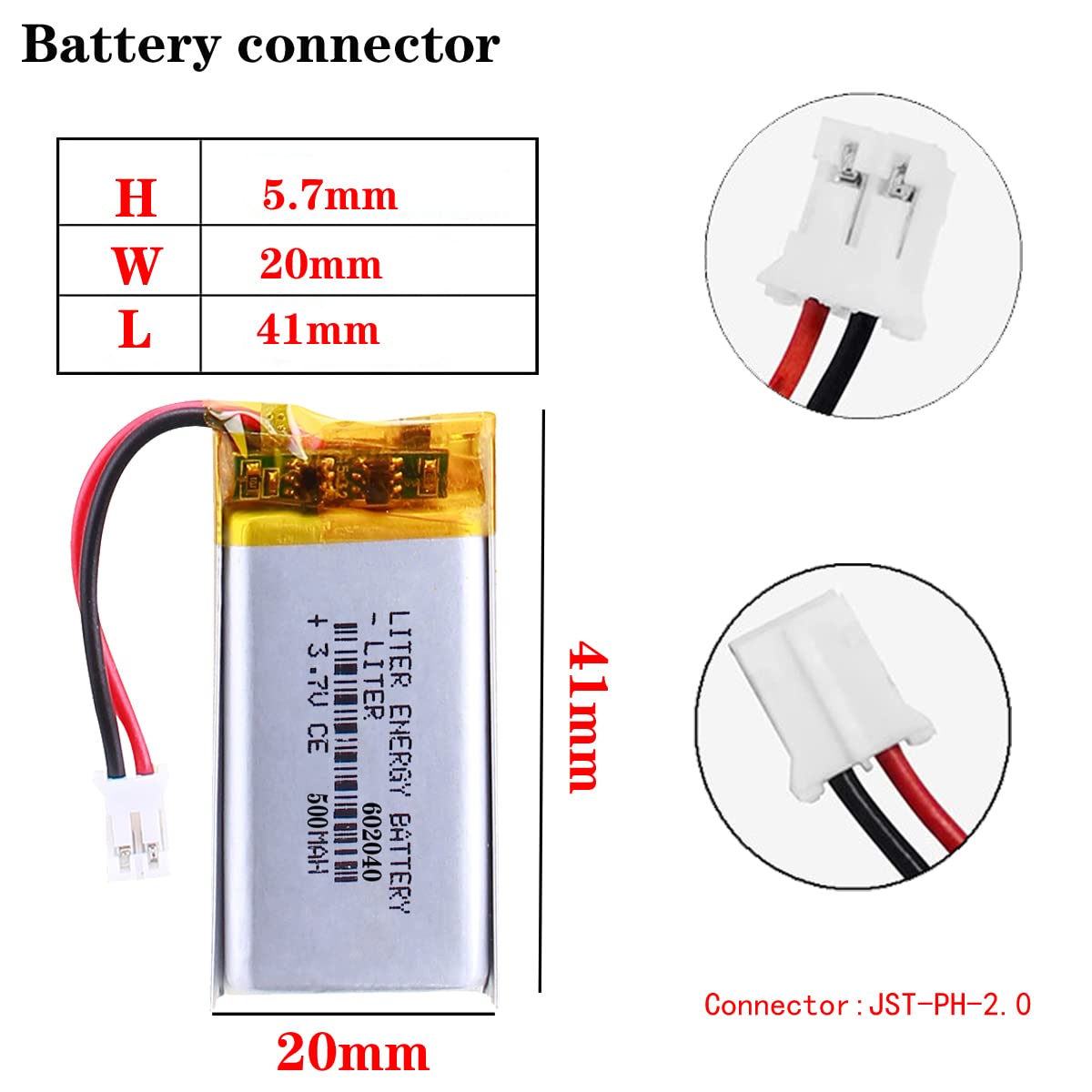 Liter Energy Battery 3.7V Lipo Battery 500mAh Rechargeable Lithium ion Polymer Battery 602040 Lithium Polymer ion Battery with JST Connector