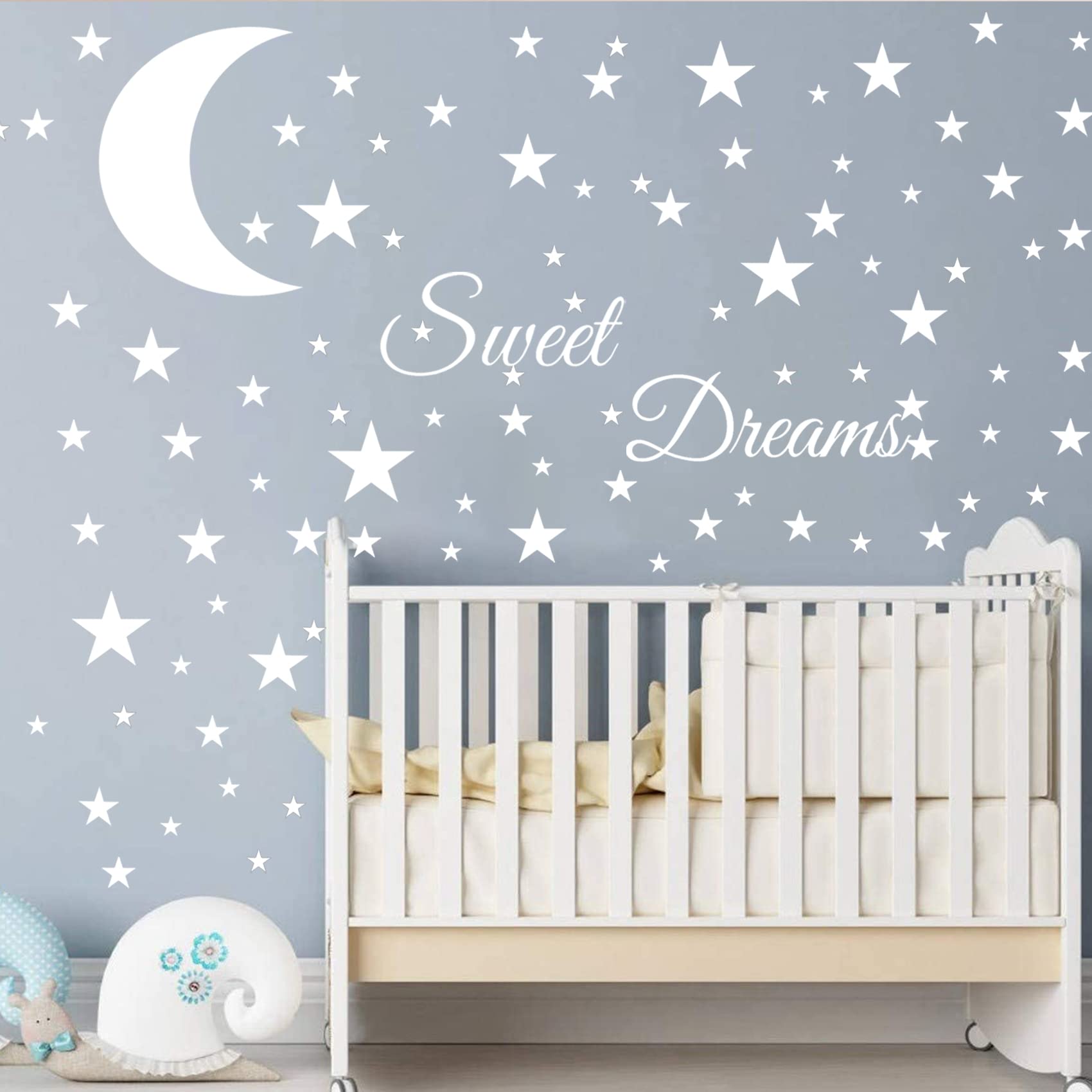 Stars and Moon Wall Decal with Sweet Dreams Quotes Wall Stickers Star Decals for Walls Nursery Wall Decal, White Vinyl Wall Moon Stars Removable Peel and Stick Wallpaper for Kids Girls Boys Bedroom