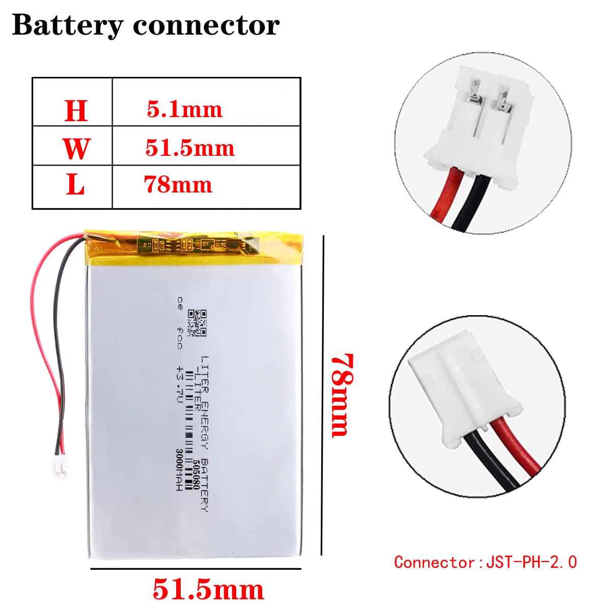 Liter Energy Battery 3.7V Lipo Battery 3000mAh Rechargeable Lithium ion Polymer Battery 505080 Lithium Polymer ion Battery with JST Connector