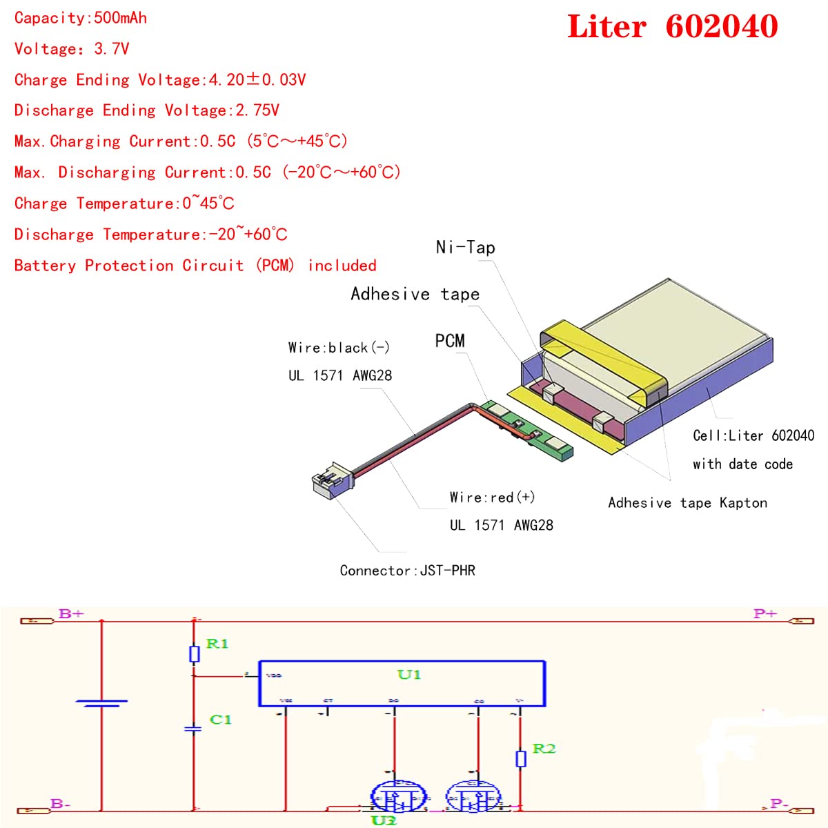 Liter Energy Battery 3.7V Lipo Battery 500mAh Rechargeable Lithium ion Polymer Battery 602040 Lithium Polymer ion Battery with JST Connector