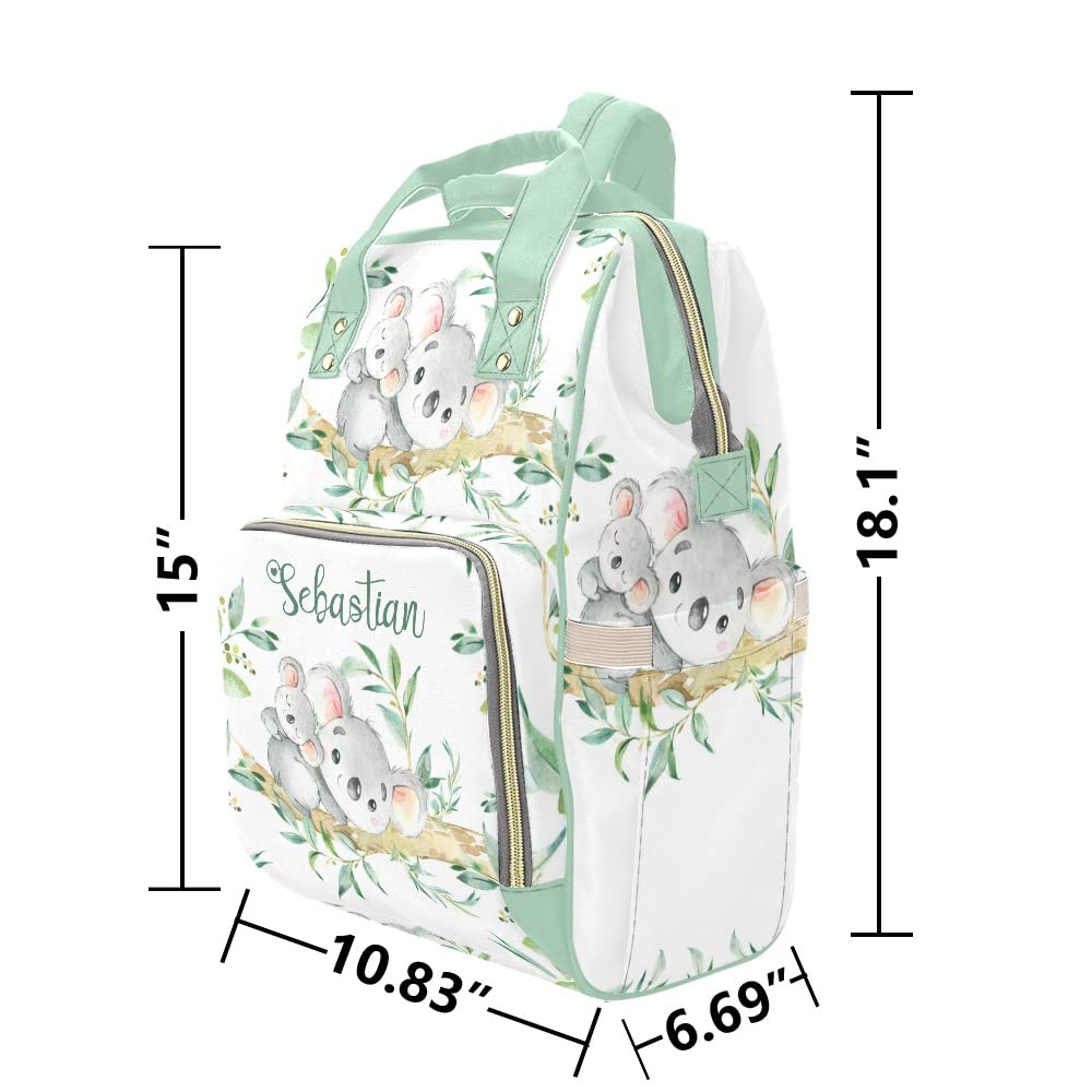 SunFancy Koala Leaves Personalized Diaper Backpack Custom Mommy Bag Unisex Travel Daypack for Mom Dad Boy Girl