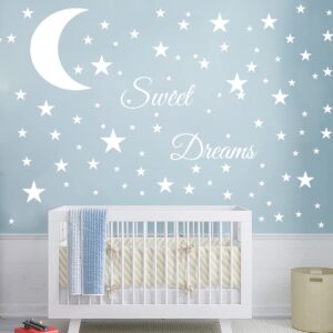 Stars and Moon Wall Decal with Sweet Dreams Quotes Wall Stickers Star Decals for Walls Nursery Wall Decal, White Vinyl Wall Moon Stars Removable Peel and Stick Wallpaper for Kids Girls Boys Bedroom