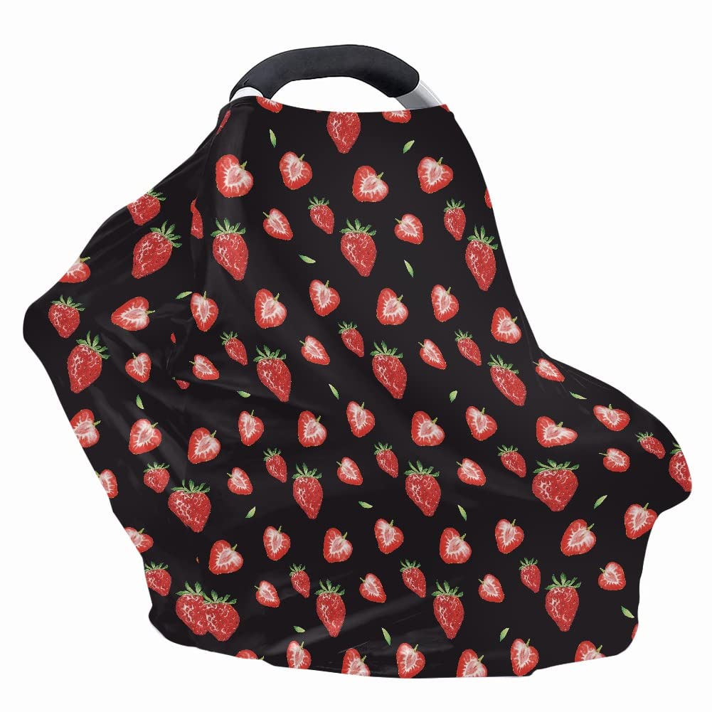 Coldinair Strawberry Print Car Seat Cover for Babies Girls,Multi-use Breastfeeding Cover Nursing Cover,Soft Stretchy Carseat Canopy,Shopping Cart/High Chair/Stroller Covers