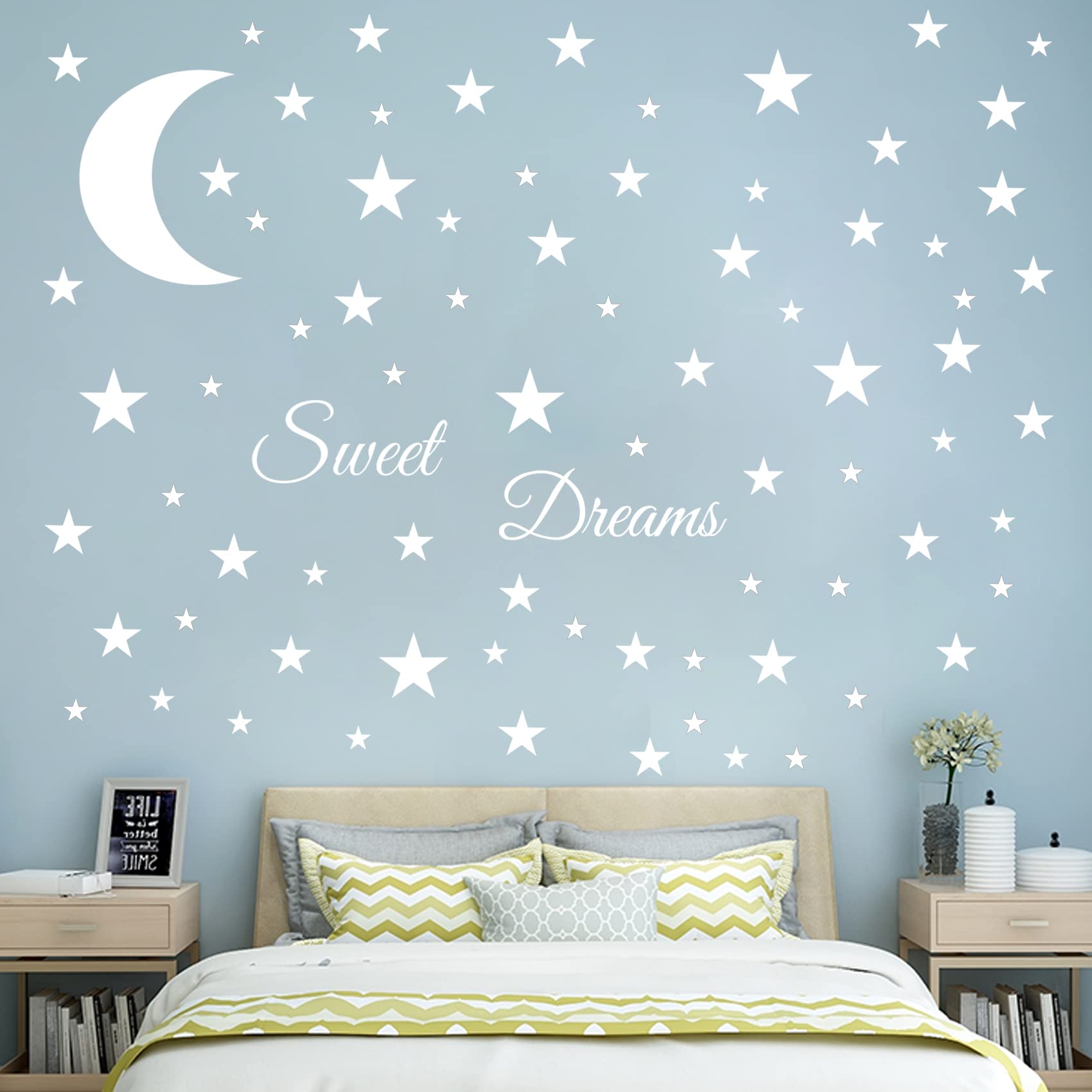 Stars and Moon Wall Decal with Sweet Dreams Quotes Wall Stickers Star Decals for Walls Nursery Wall Decal, White Vinyl Wall Moon Stars Removable Peel and Stick Wallpaper for Kids Girls Boys Bedroom