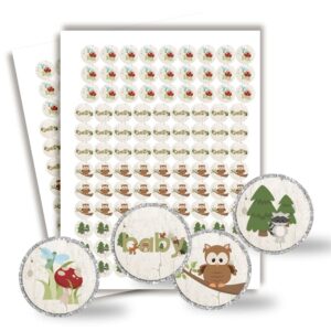 woodland forest animals baby sprinkle baby shower kiss sticker labels, 300 party circle stickers sized 0.75” for chocolate drop kisses by amanda creation, great for favors, treats, envelope seals &