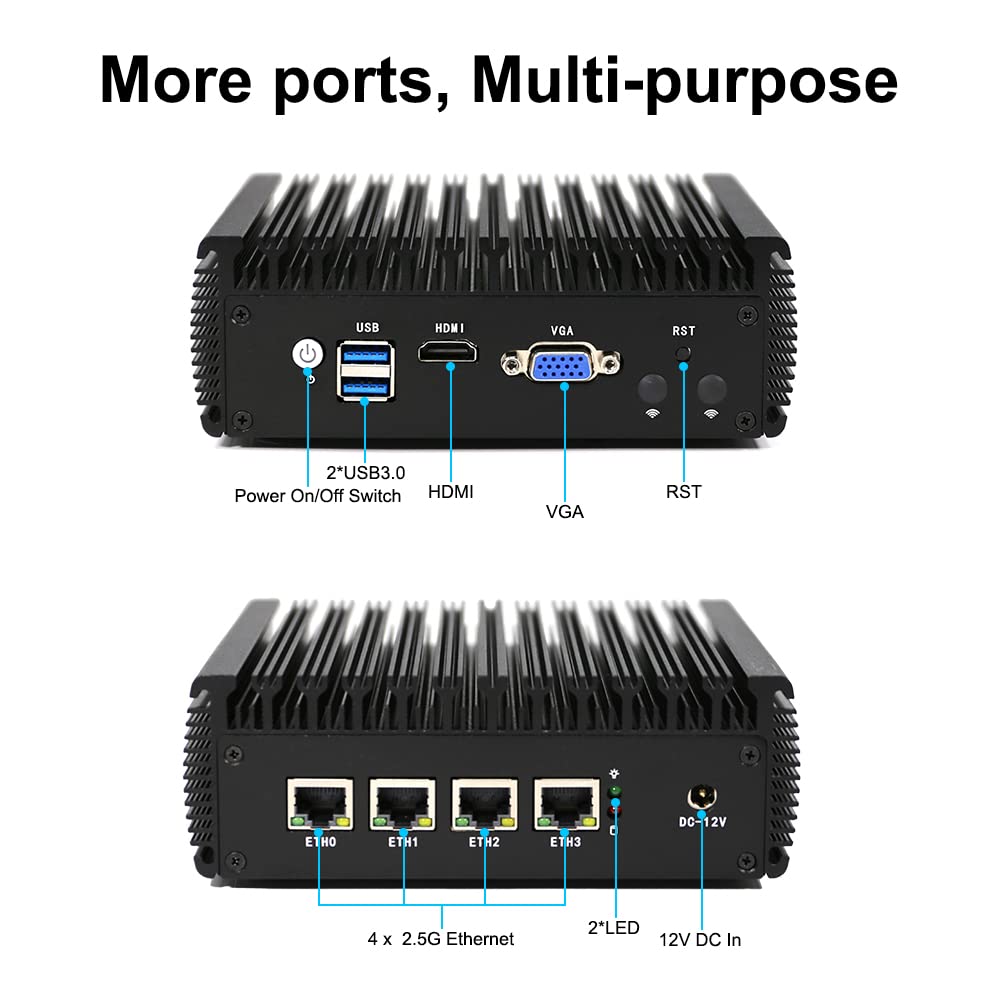 MOGINSOK 4X 2.5GbE Intel I225-V Ethernet Firewall Appliance Mini PC, Intel Celeron J4125 AES-NI VPN Router PC HDMI VGA 4GB RAM 64GB MSATA SSD