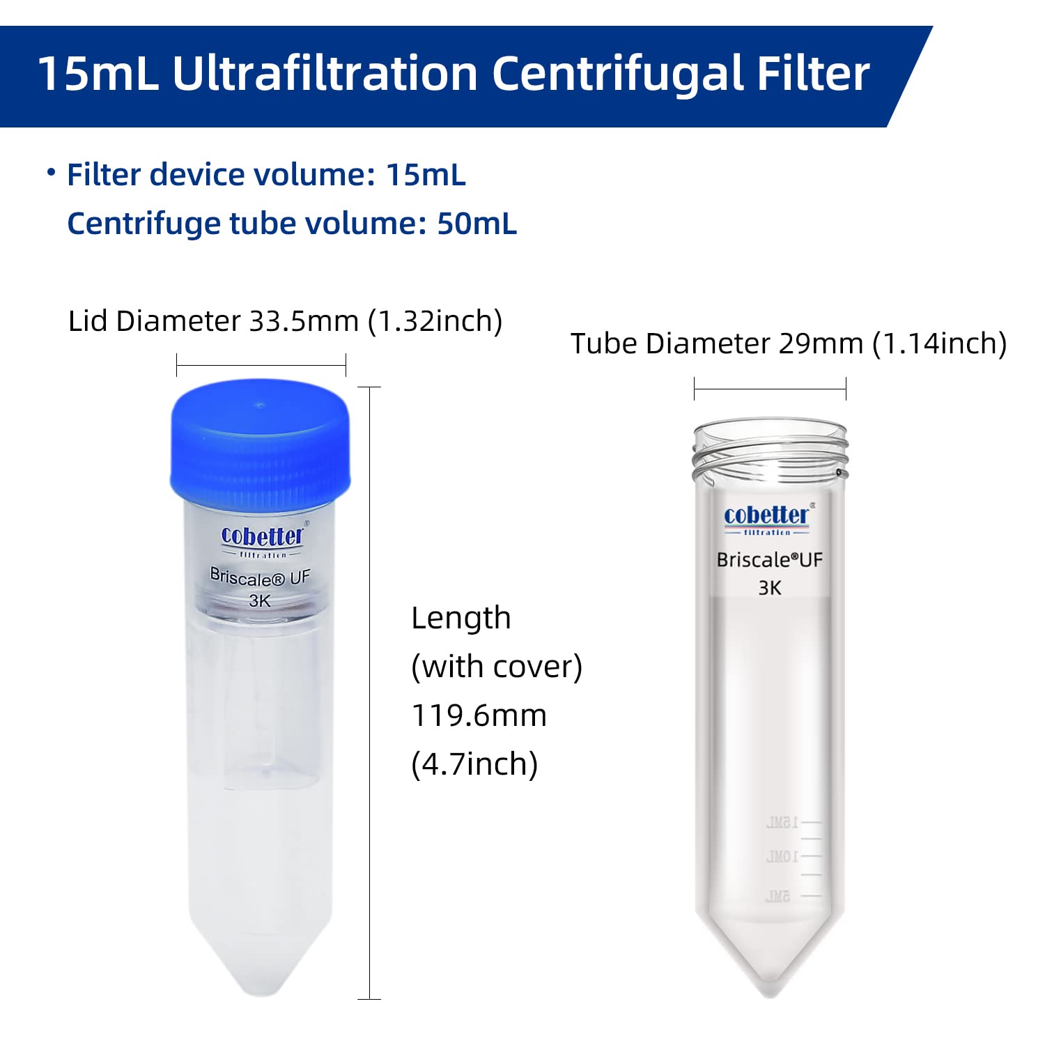 COBETTER Briscale Pack of 4 100kDa Ultra Centrifugal Filter 15mL Ultrafiltration Centrifuge Tube Unit with RC Membrane