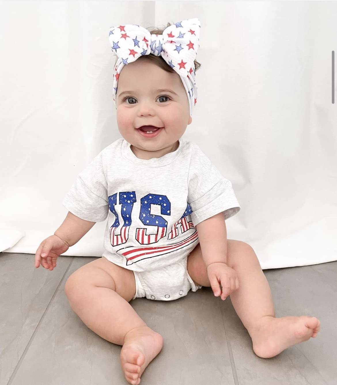 Twopumpkin Toddler Baby 4th of July Outfit Boy Girl Oversized Romper/Shirts+Shorts Retro American Flag Matching Clothes (A USA Romper Gray,12-18 Months)