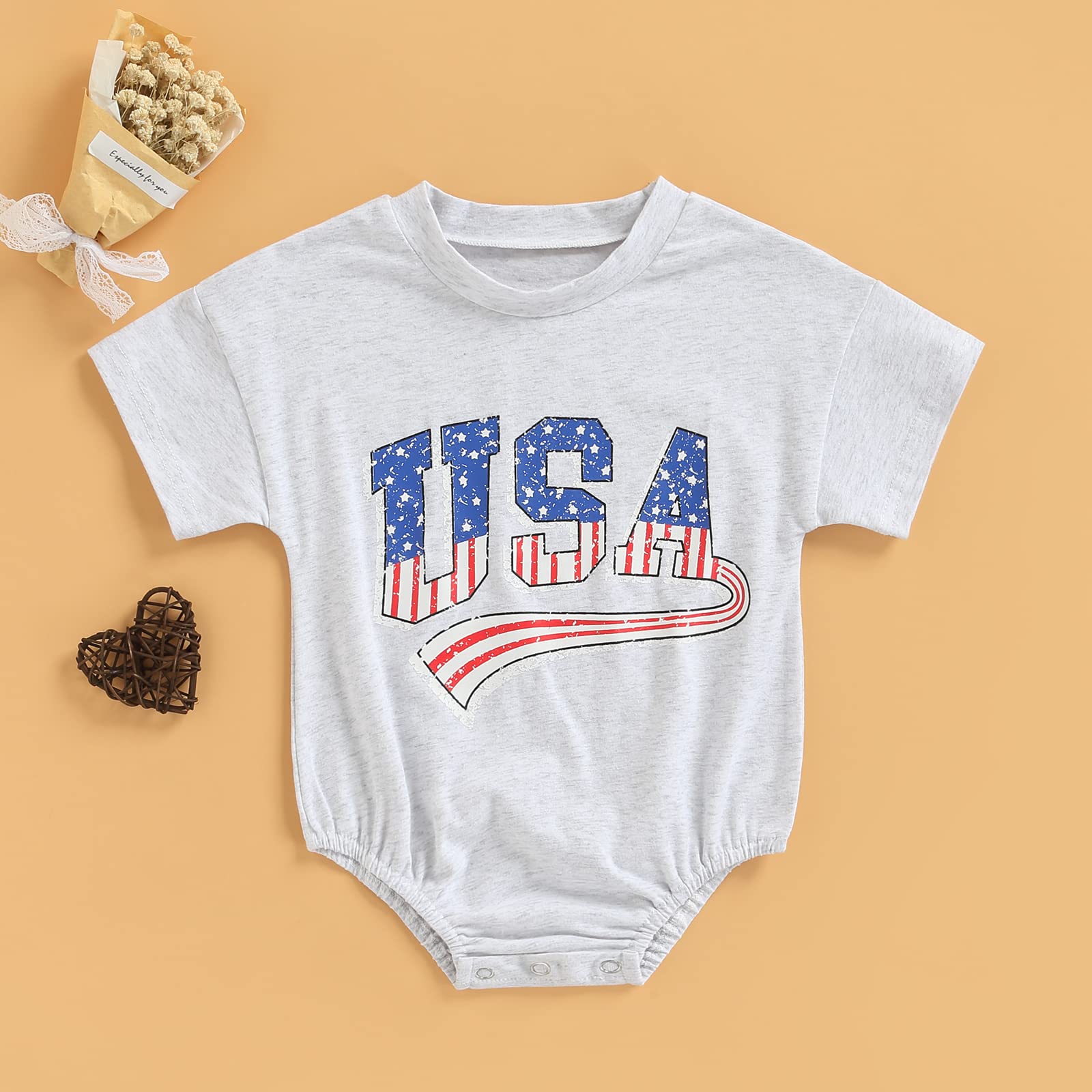 Twopumpkin Toddler Baby 4th of July Outfit Boy Girl Oversized Romper/Shirts+Shorts Retro American Flag Matching Clothes (A USA Romper Gray,12-18 Months)