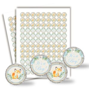 watercolor woodland fox boy baby sprinkle baby shower kiss sticker labels, 300 party circle stickers sized 0.75” for chocolate kisses by amanda creation, great for favors, treats, envelopes & bags