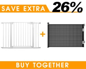 cumbor 29.7-46" white baby gate & cumbor 0-55" black retractable baby gate for stairs, wide safety gates for kids or pets, child gate for doorways, hallways, indoor, outdoor