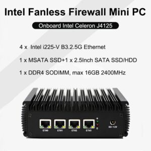 MOGINSOK 4X 2.5GbE Intel I225-V Ethernet Firewall Appliance Mini PC, Intel Celeron J4125 AES-NI VPN Router PC HDMI VGA 4GB RAM 64GB MSATA SSD