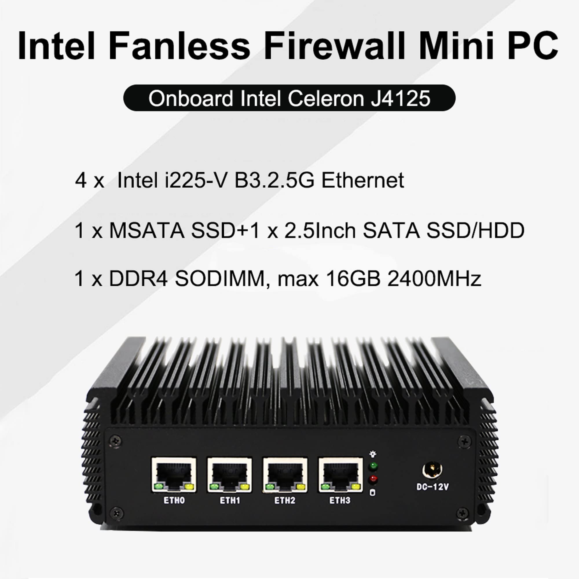 MOGINSOK 4X 2.5GbE Intel I225-V Ethernet Firewall Appliance Mini PC, Intel Celeron J4125 AES-NI VPN Router PC HDMI VGA 4GB RAM 64GB MSATA SSD