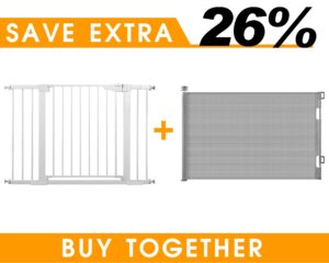 cumbor 29.7-46" white baby gate & cumbor 0-55" gray retractable baby gate for stairs, wide safety gates for kids or pets, child gate for doorways, hallways, indoor, outdoor