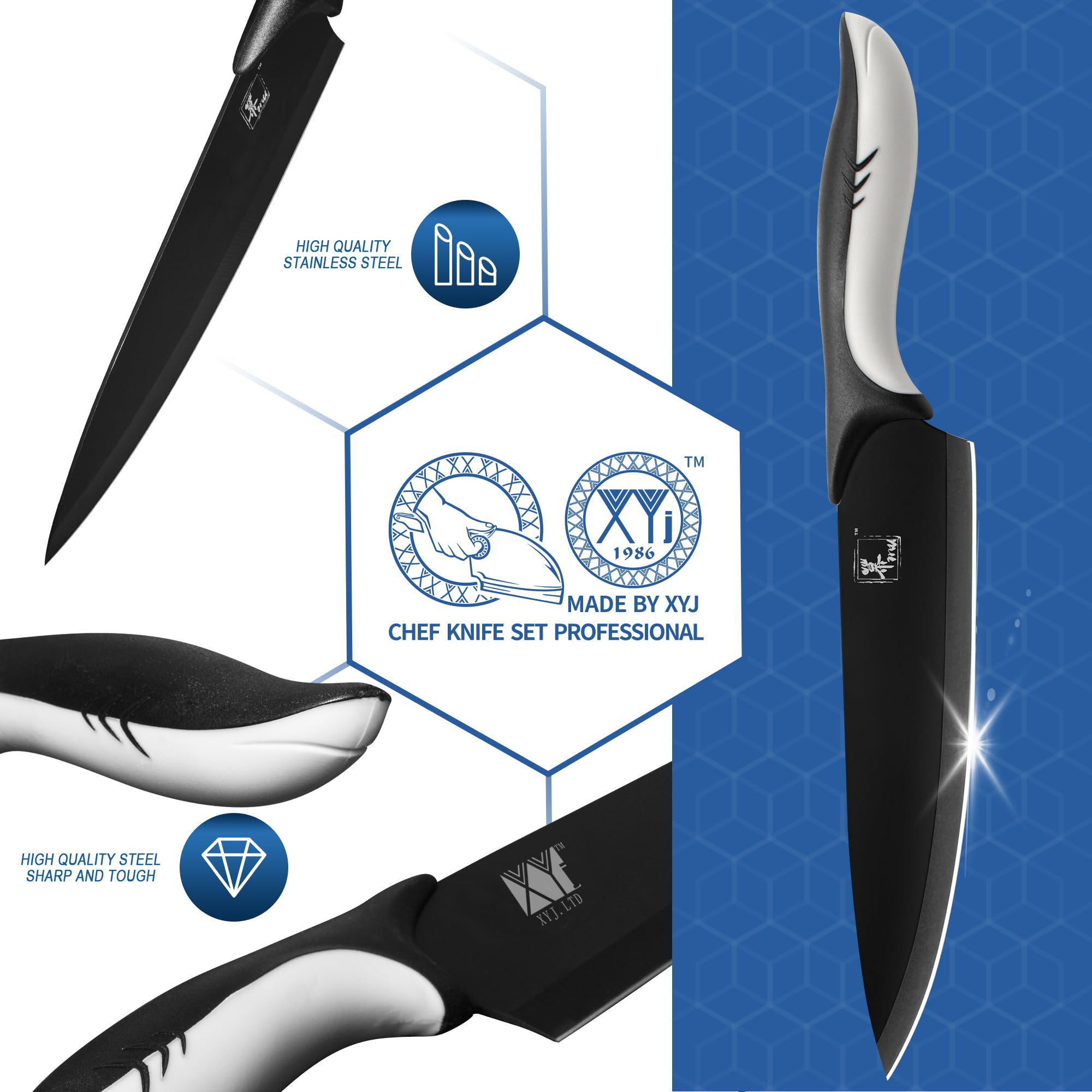 XYJ Authentic Since1986,Professional Knife Sets for Master Chefs,Kitchen Knife Set with Bag,Cover,Scissors,Culinary Butcher Cleaver,Cooking Cutting,Utility,Bread,Santoku