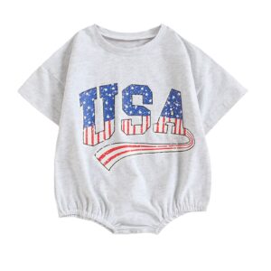 twopumpkin toddler baby 4th of july outfit boy girl oversized romper/shirts+shorts retro american flag matching clothes (a usa romper gray,12-18 months)